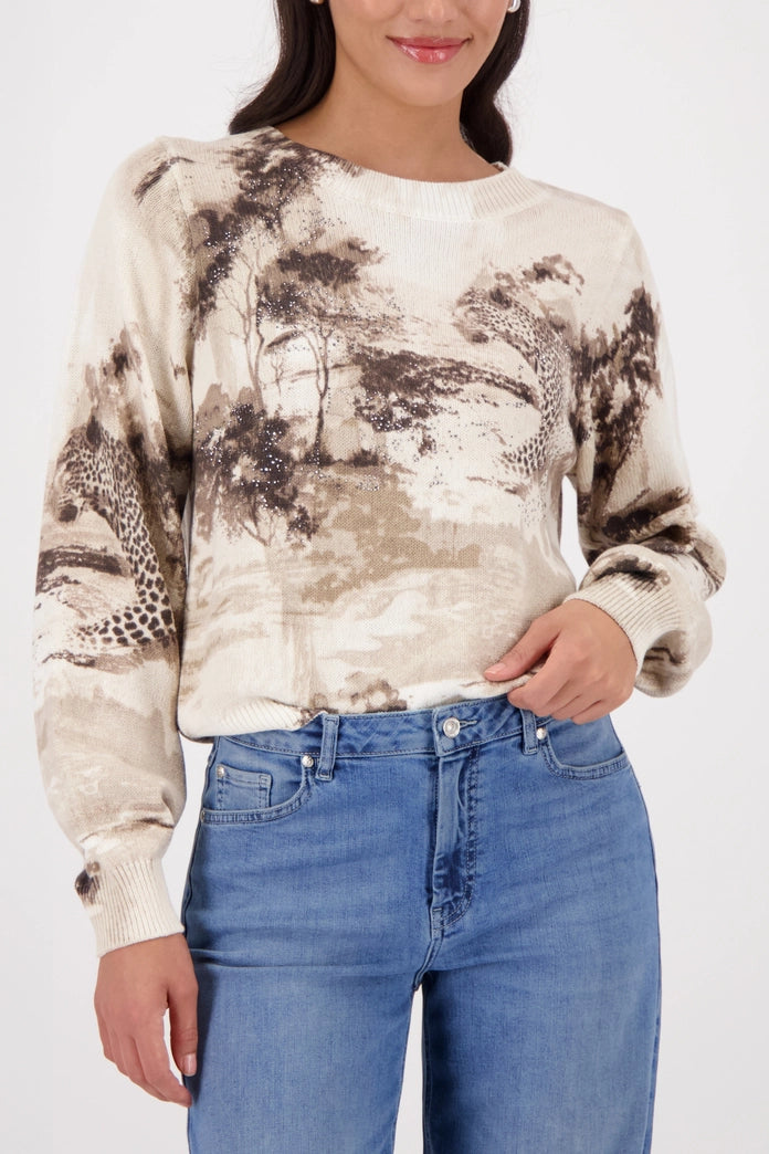 Monari Sand Crew Neck Sweater with Savannah Print 410382 - Jane Young