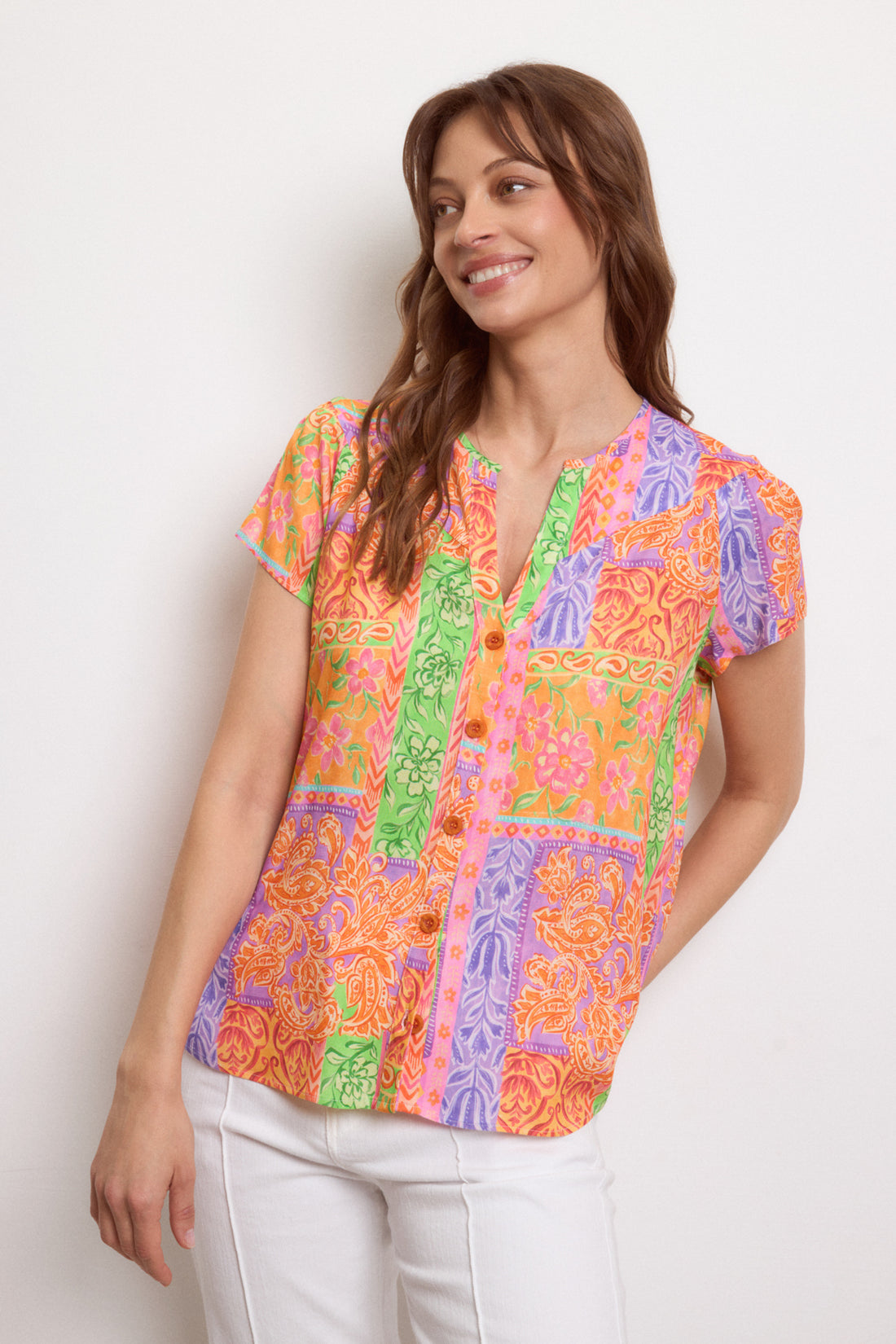 Tinta & Bariloche Bright Orange Print Blouse with Open V-Neck, Flutter ...